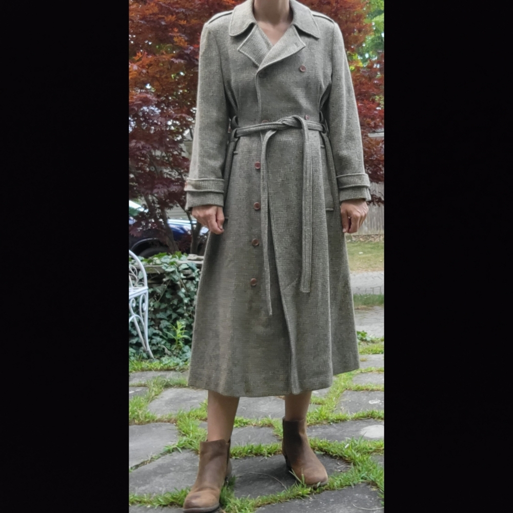 100% Wool Tweed Maxi Trench With Cinched Waist - Gem